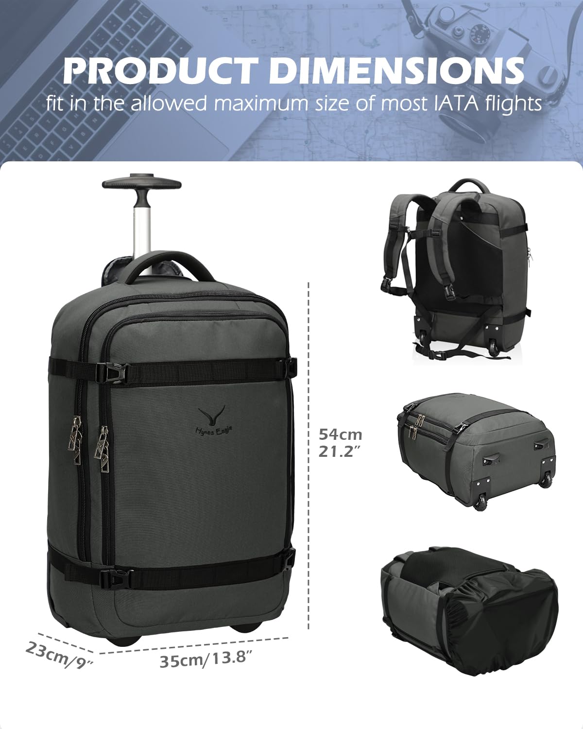 Hynes Eagle 42L Rolling Backpack Wheeled Backpack Flight Approved Travel Backpack Carry on Luggage Grey with 3PCS Packing Cubes Set Red Violet