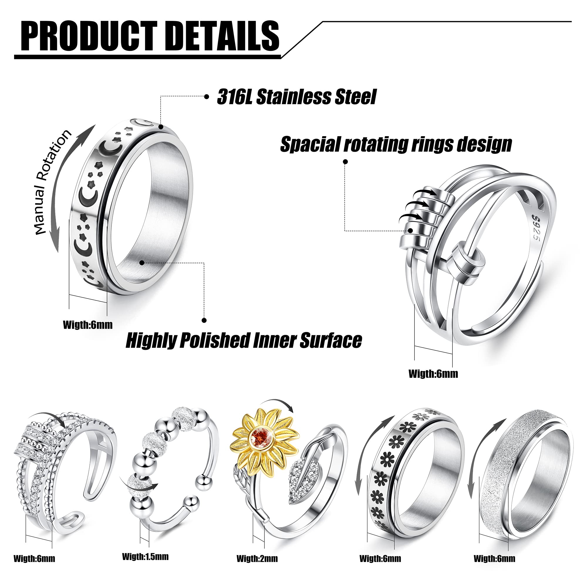 IRONBOX 11Pcs Anxiety Rings Fidget Rings Stainless Steel Spinner Ring Sunflower Ring Fidget Rings for Anxiety for Women