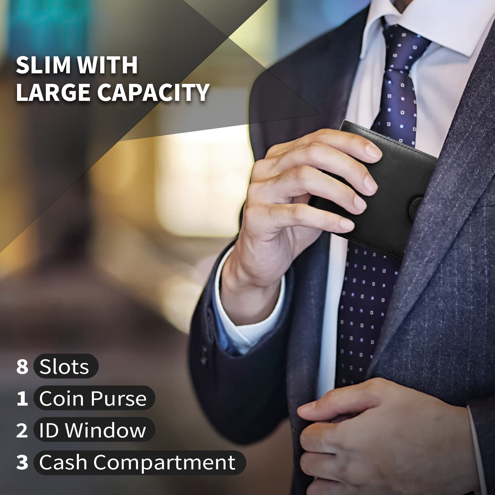 LifeImpree Genuine Leather Wallet for Men Large with Coin Pocket,RFID Bifold Wallets for Men with 2 ID Window and 11 Slots,Gift Box(Black)