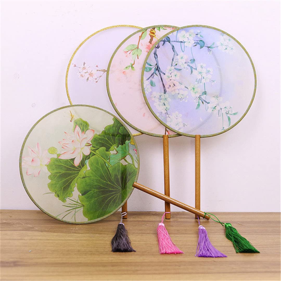 Lmtossey Women Dancing Embroidery Flower Handheld Fan Vintage Translucent Chinese Style Round Silk Fans