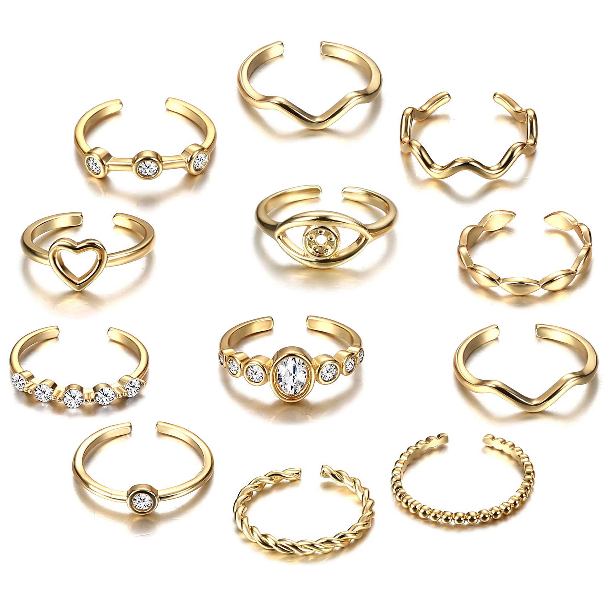 IRONBOX 12 Pcs Adjustable Knuckle Rings for Women 14K Gold Plated Stacking Rings Pack Wave Star Moon Dainty Thumb Open Rings Set Gold