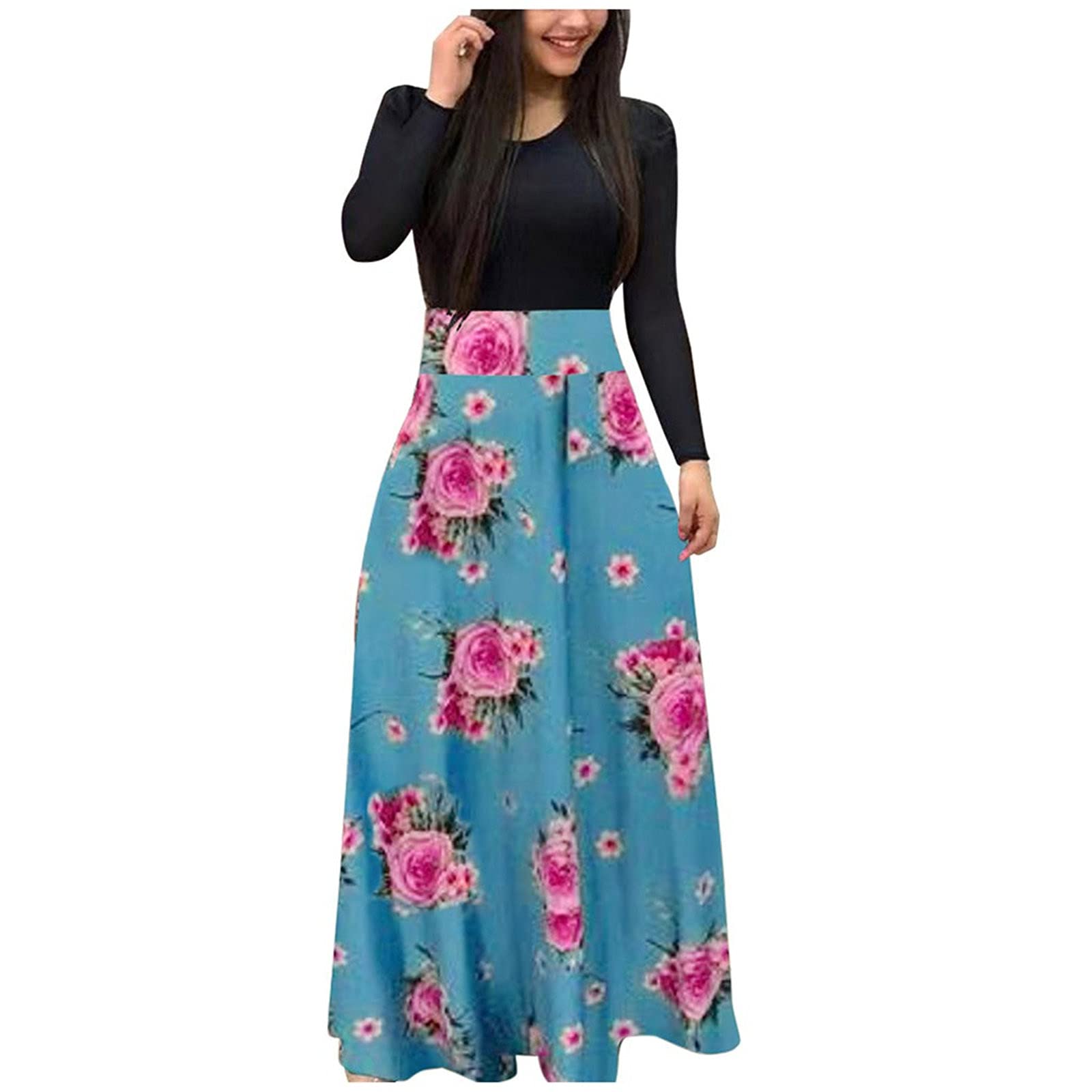 Keepfit Patchwork Maxi Dress for Women Long Sleeve Scoop Neck T-Shirt Dress Pleated Pattern Printed Long Dress Blue