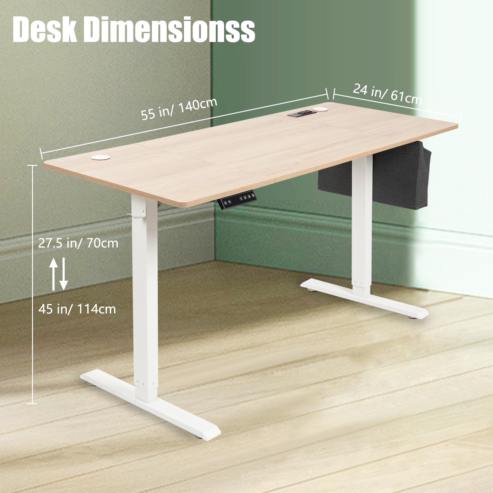 PORIYA 55x24 Inch Electric Height Adjustable Standing Desk with Cable Management, Splice Board, Mouse Pad, 2-Outlet Power Strip with USB 20W Charger, and Casters(White Frame&Log Top)