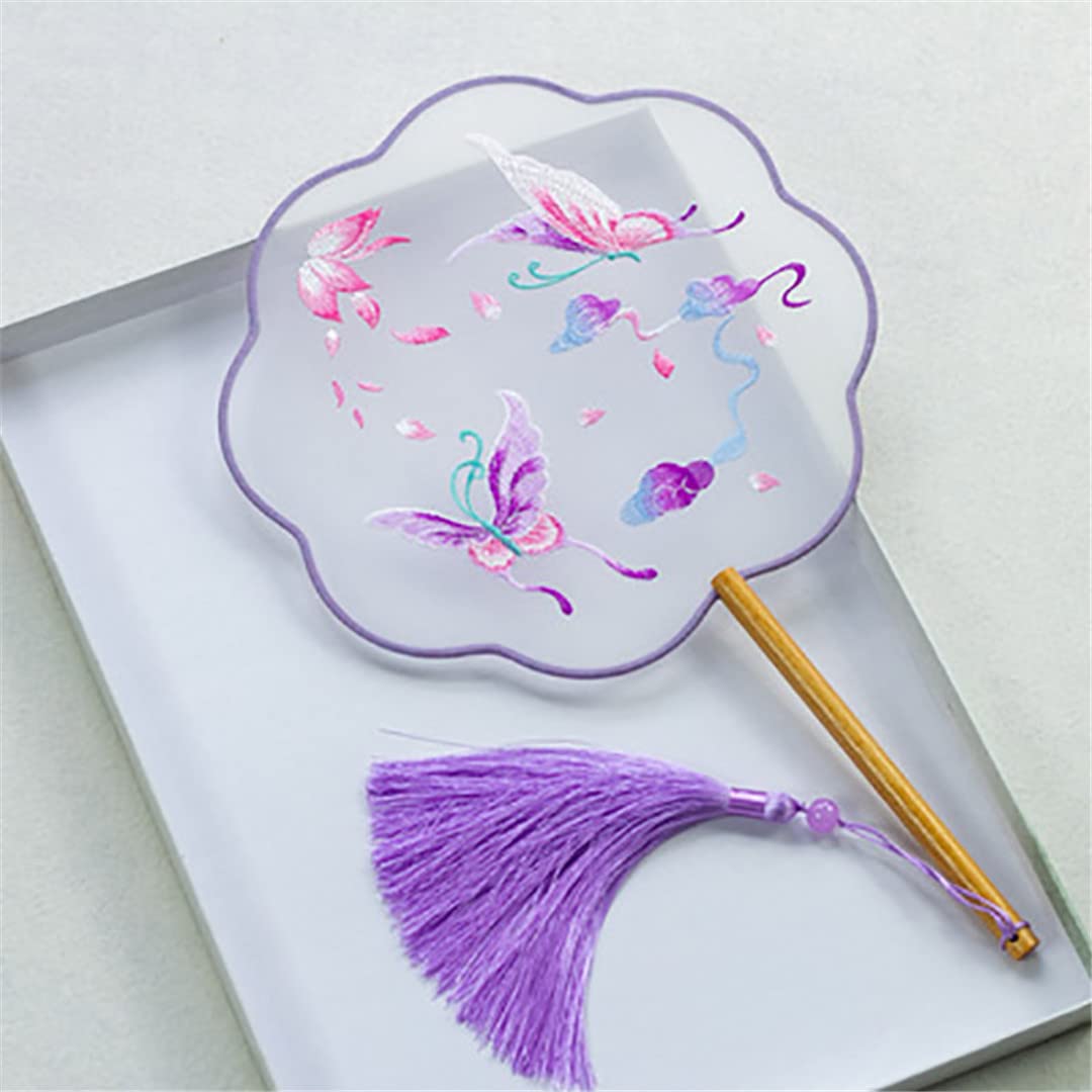 Lmtossey Traditional Chinese Double-Sided Pattern Hand Held Circular Fan, China Han Ancient Dance Hanfu Cheongsam Embroidery Round Fan