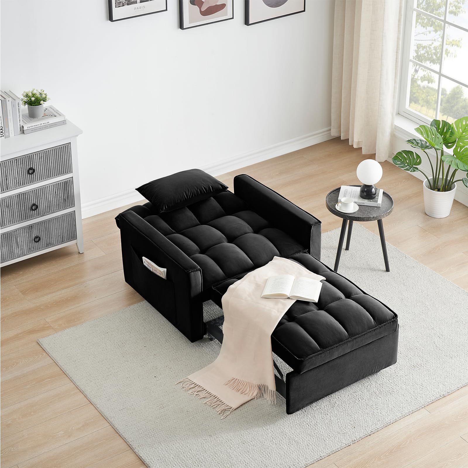 SPOWAY 3 in 1 Sleeper Sofa Couch Bed, Velvet Convertible Single Sleeper Sofa with 3 Level Adjustable Backrest, Storage Pockets, Toss Pillows, Pull Out Single Sleeper for Living Room, Black