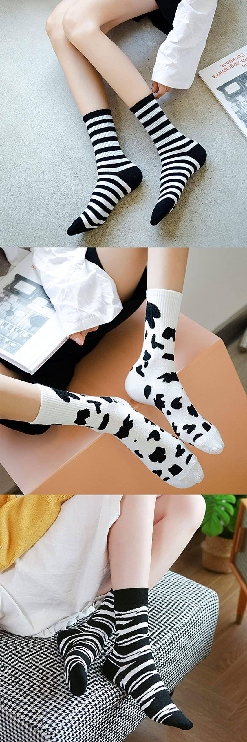 Joylife Cow Pattern Crew Socks Novelty Black White Quartz Socks Striped Checkered Dress Socks for Women, Lady, Girls, 7 Pack