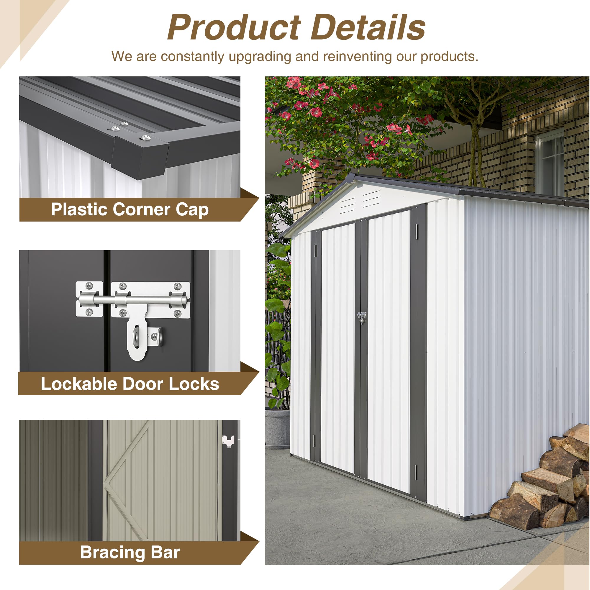 SPOWAY 8 x 6 FT Outdoor Storage Shed, Metal Storage Shed with Swinging Double Lockable Doors, Waterproof Outdoor Galvanized Steel Garden Shed for Backyard, Patio Lawn and Outside Use, White