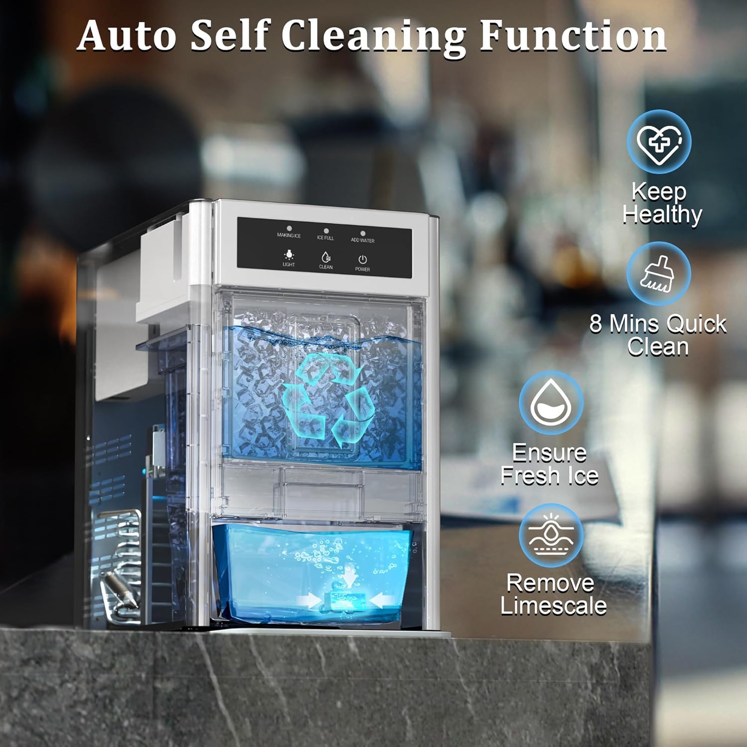 Rosmena Nugget Ice Maker, 40Lbs/24H Countertop Ice Maker, Self-Cleaning Pellet Ice Machine with 4.4 Lbs Basket, Auto Water Refill, Chewable Pebble Ice Maker for Home Kitchen Party, Stainless Steel
