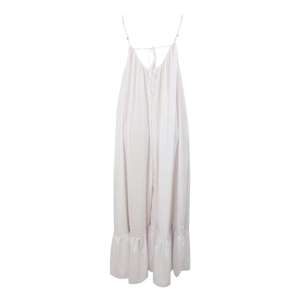 Keepfit Women Maxi Dress Trendy Spaghetti Straps Sling Dress Summer Ruffle Backless Solid Swing Dress White