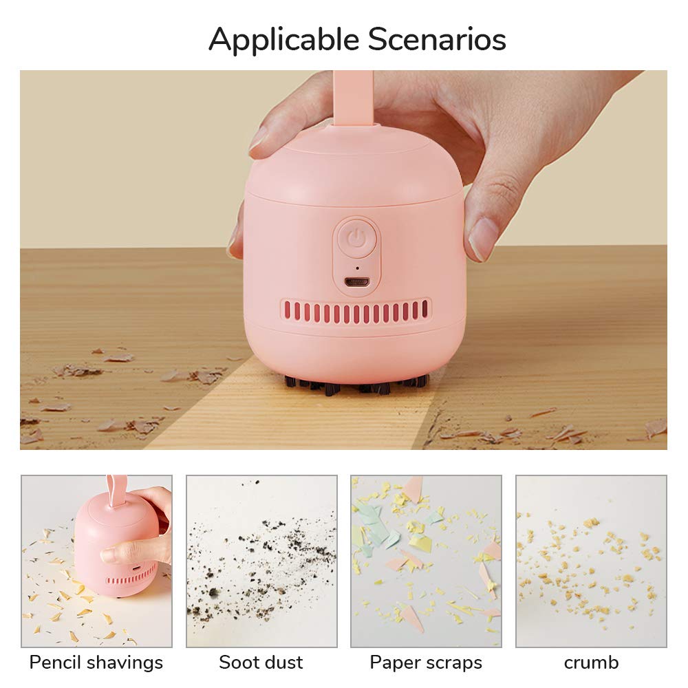 JISULIFE Desktop Vacuum Cleaner, 1100 mAh Portable Mini Table Dust Sweeper with Vacuum Nozzle, 2 Speeds, 360º Rotable, High Suction, Cordless & Detachable Design for Home, Office, School-Pink