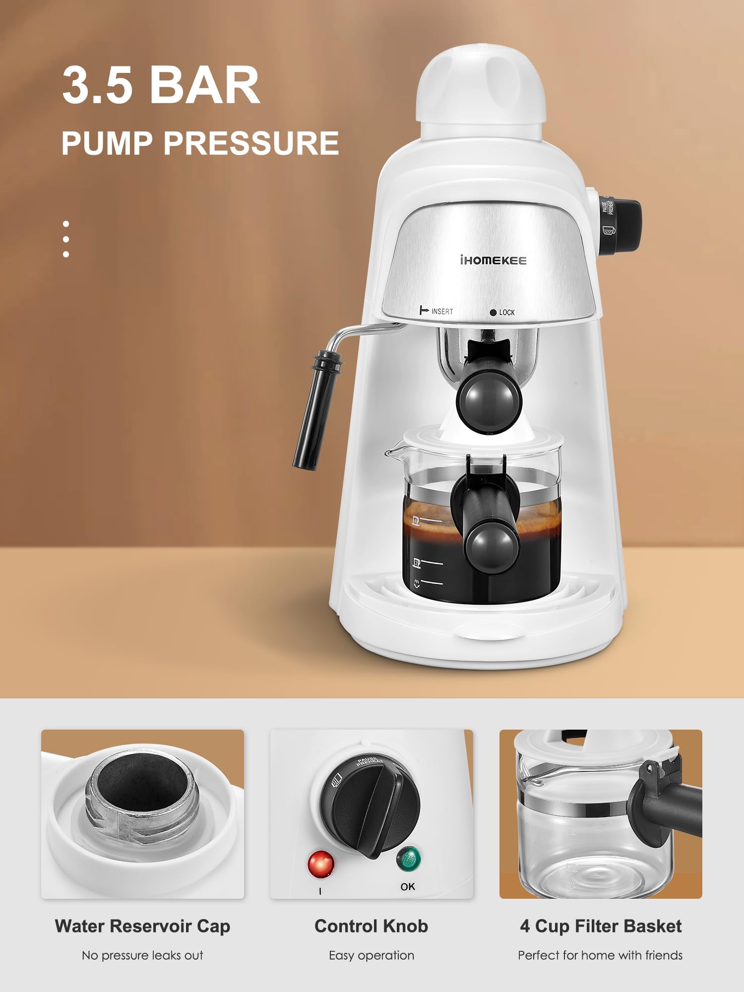 Ihomekee Espresso Machine, 3.5Bar Espresso and Cappuccino Machine with Preheating Function, 4 Cup Coffee Maker with Milk Frothing Function and Steam Wand (White), CM6810