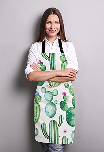Lefolen Cactus Adjustable Bib Apron, Tropical Watercolor Cactus Plants Cooking Kitchen Apron for Men Women