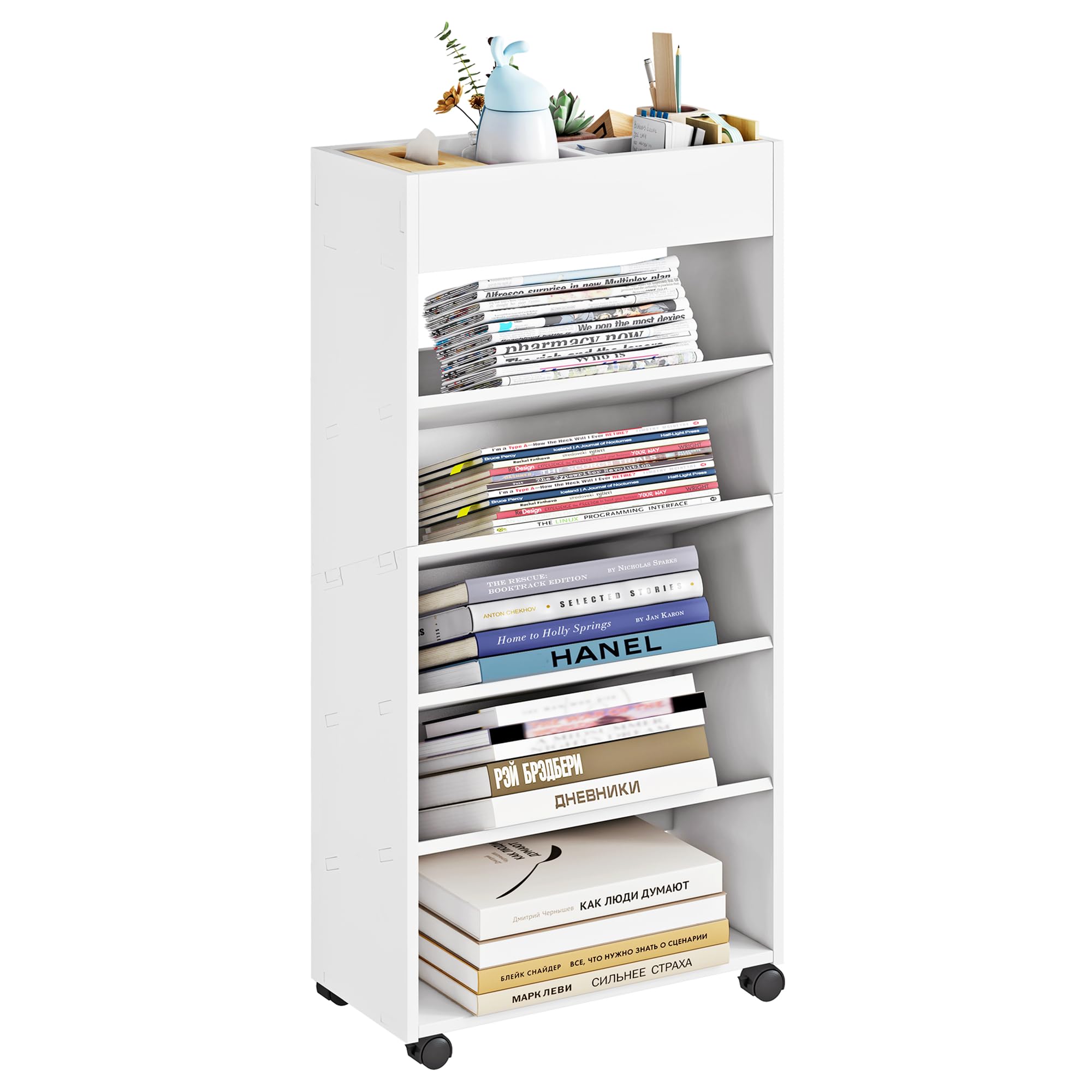 HAYOFAMY 6-Tier Rolling Book Cart, Mobile Bookshelf with Wheels, File Folder Utility Organizer for Study Office Living Room Classroom, White