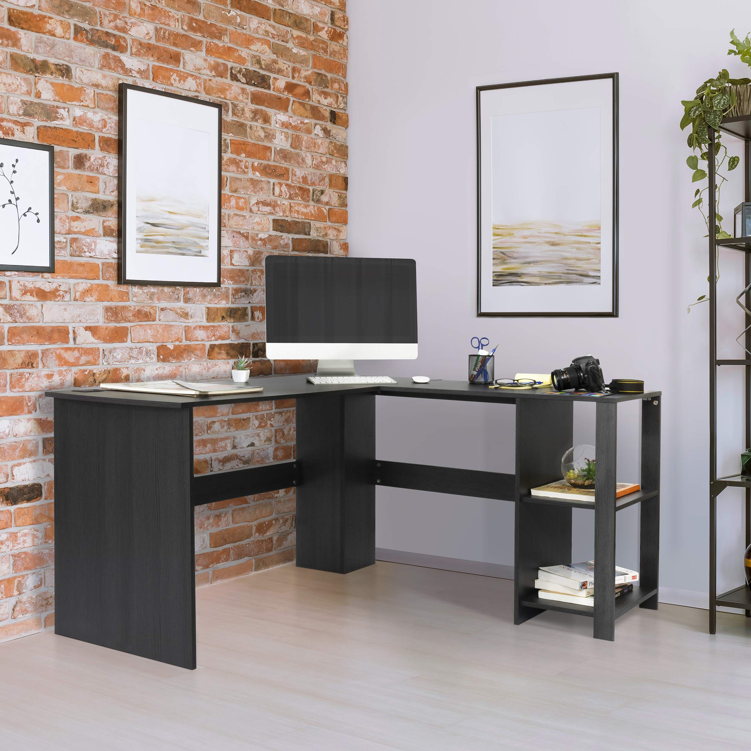 JAHRSTIM Aiden L Shaped Home Office Desk with Shelves, 51 inch Small Wooden Computer Cornor Desk for Small Space Study Writing Workstation, Dark Grey
