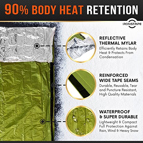 Ironstripe Bivy Sack Emergency Sleeping Bag β Extra Large 94'' x 48'' Built-in Hood, Survival Sleeping Bag with Emergency Whistle, Thermal Mylar β Tear & Puncture-Resistant Emergency Bivy Bag