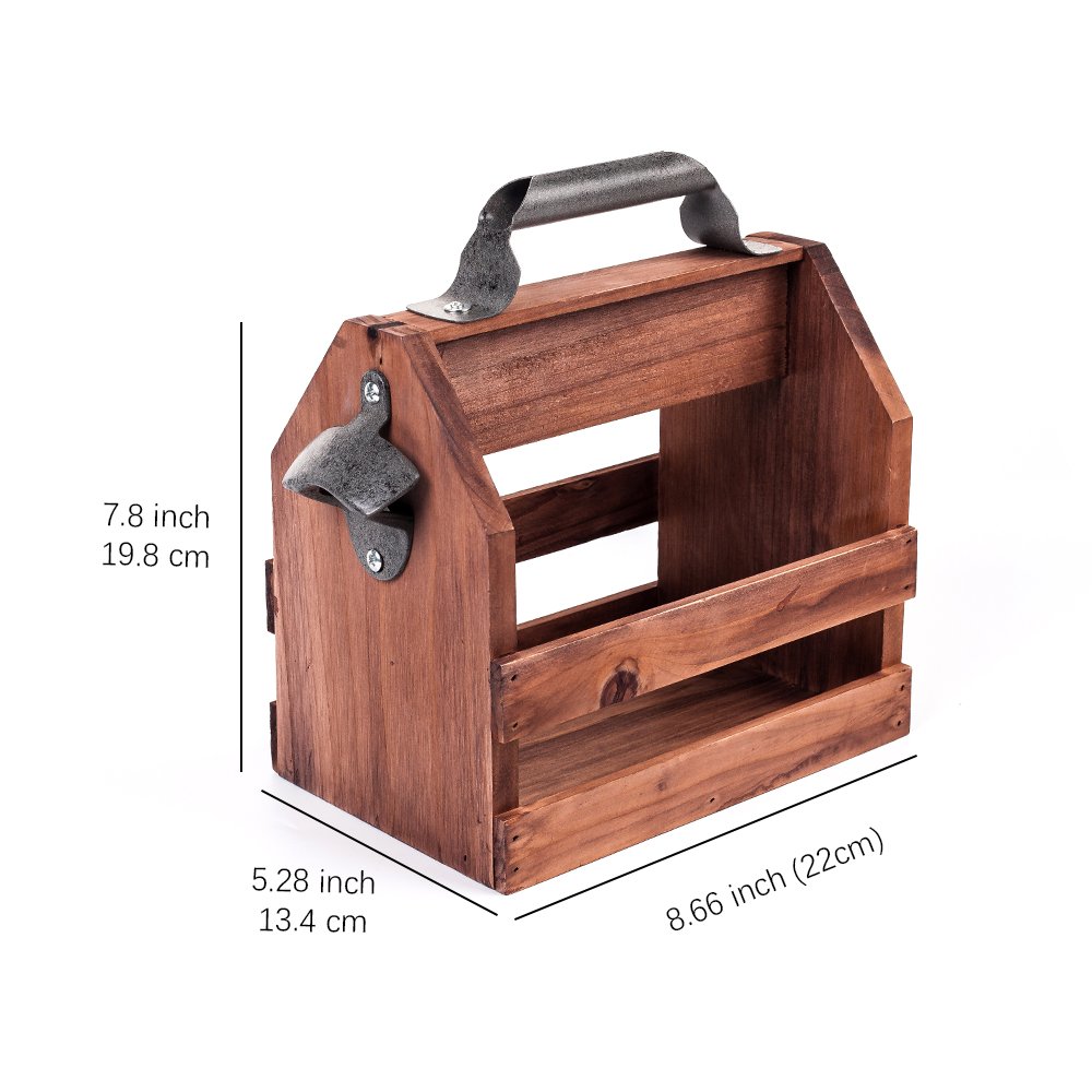 Mealivos Wooden Bottle Caddy, 6-Pack Beer Carrier with Built-In Metal Bottle Opener, Beer Buckets for 6 Beers