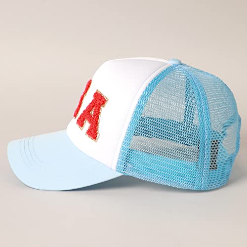 MIRMARU Retro Foam Mesh Trucker hat Trendy Design Summer Baseball Cap for Womens (US, Alpha, One Size, USA Chenille Glitter - Light Blue)