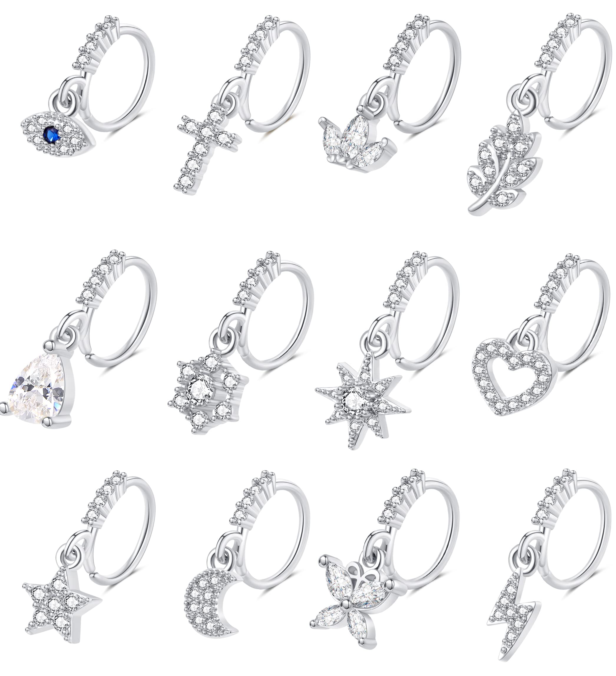 LOAYHOAY 12PCS Dangle Nose Ring Hoop for Women Cartilage Helix Earring Moon Star Cross Evil Eye Dangle Nose Piercing Set G