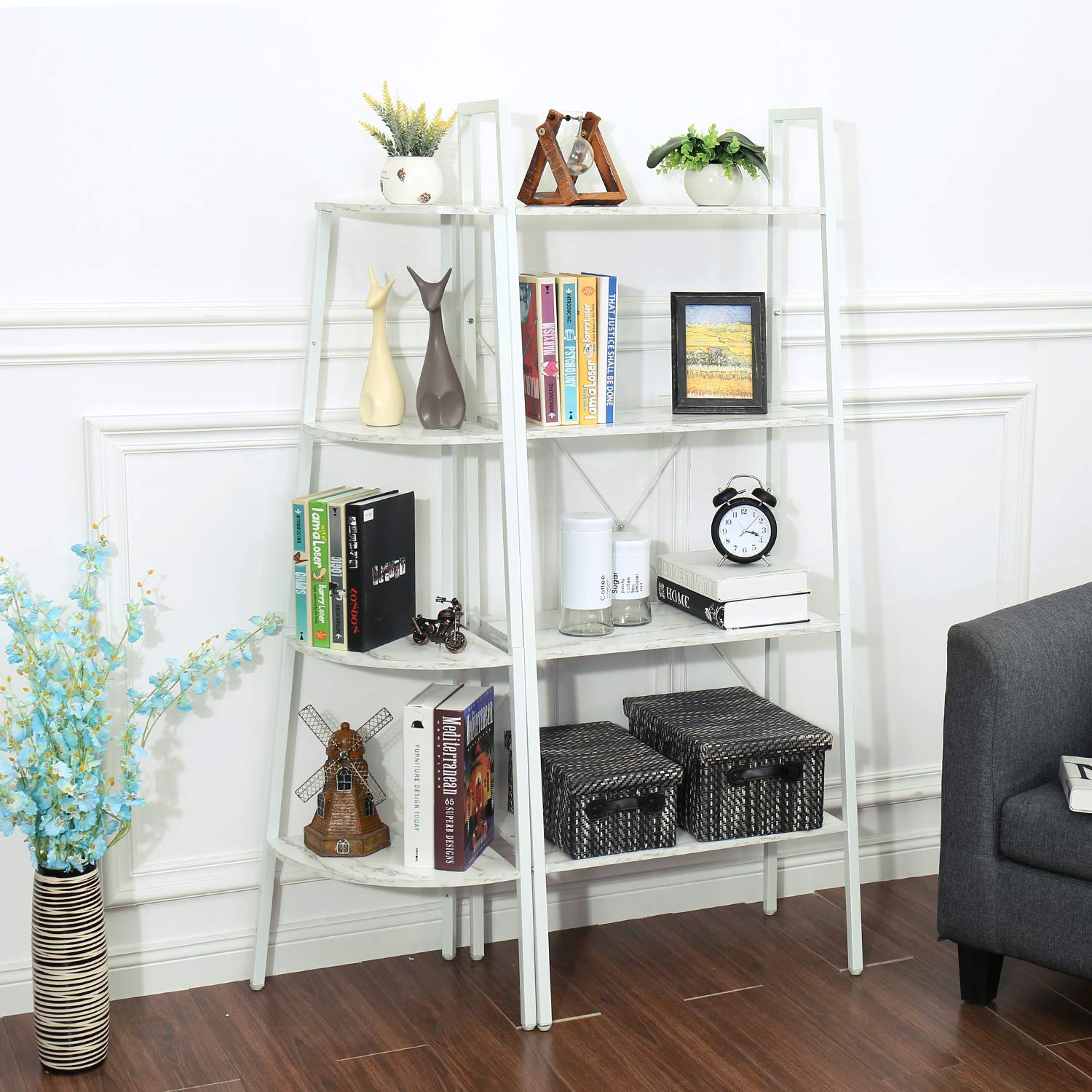 HOME BI 5 Tier Bookshelf Wooden Bookcase, Multifunctional S-Shaped Freestanding Display Shelf Storage Shelving, Modern 5-Tier Wood Cube Book Shelf Organizer with Metal Frame (White, 4 -Tier)