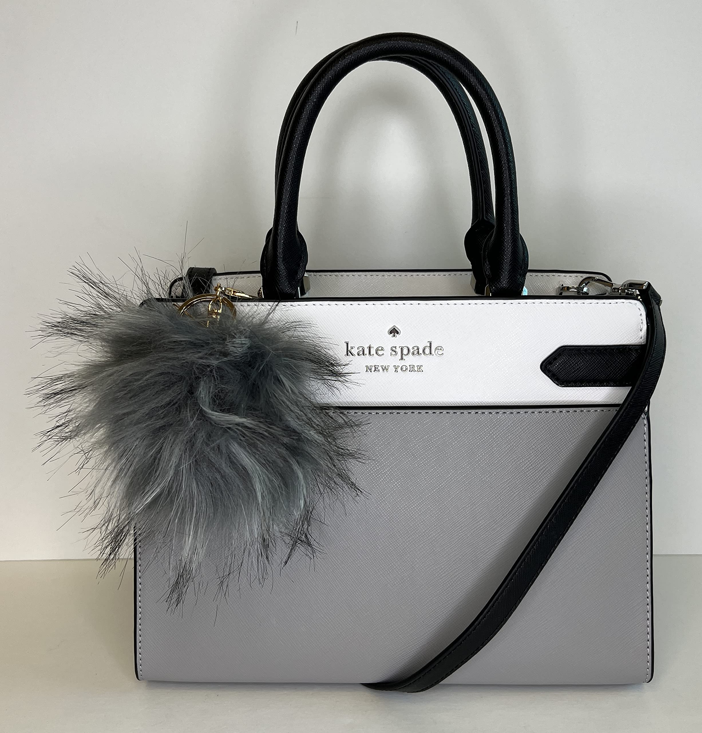 Kate Spade MD Satchel bundled with Bifold Wallet & Fur Pom (Nimbus Grey Colorblock)