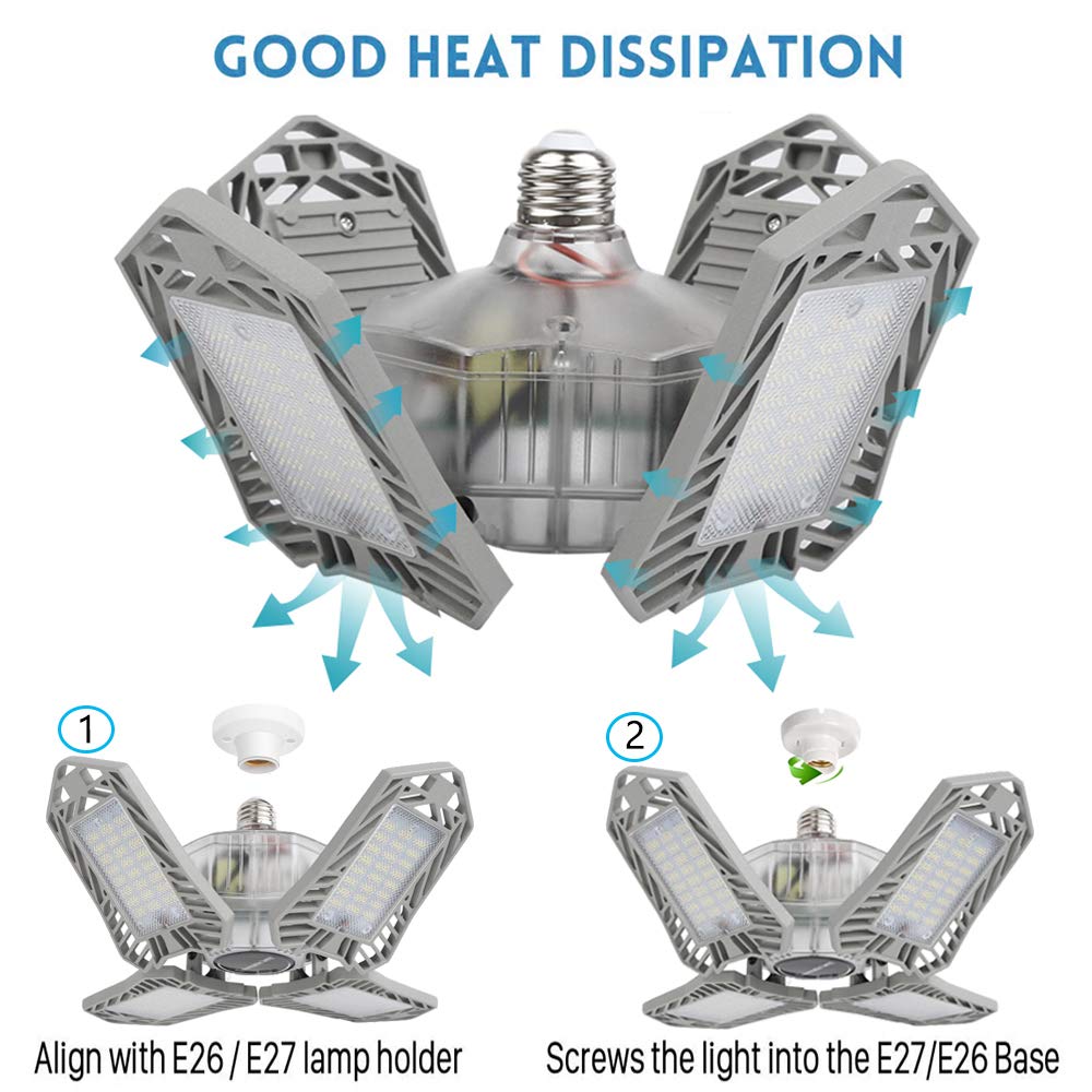 ISKYDRAW 2 Pack LED Garage Light 150W,4 Panels 15000lm Deformable Garage Ceiling Shop Light Fixture Quadruple Glow Adjustable Garage Lighting Bulb E26/E27,Led Light for Garage,Warehouse,Workshop,Barn