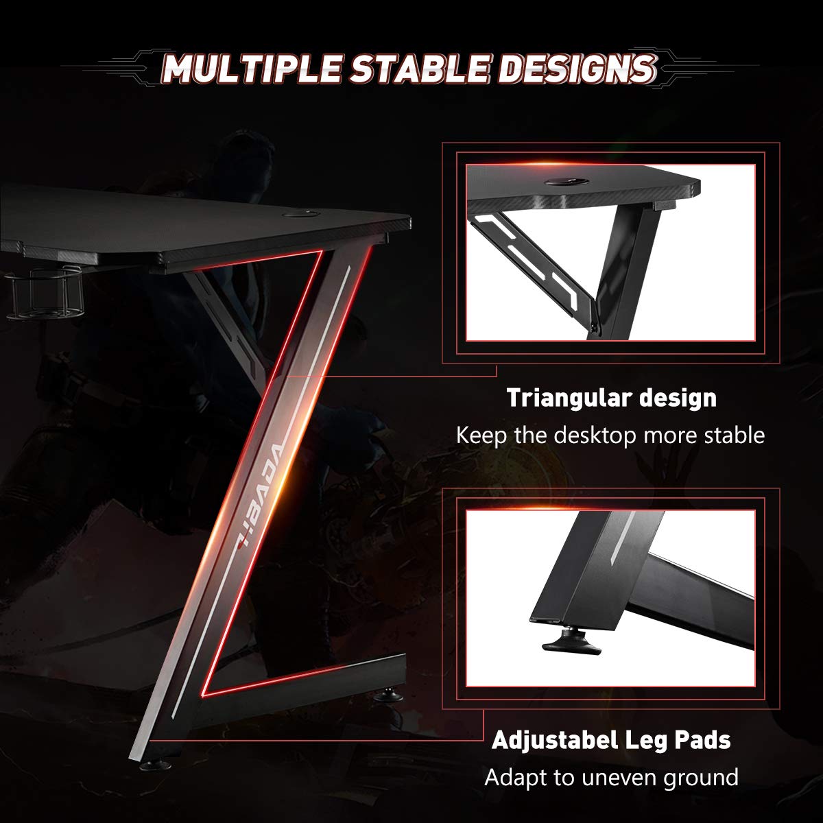 Hbada 43 inch Gaming Computer Desk, Home Office PC Desk, Z-Shape Racing Style Game Station with Double Cable Manage Hole, Sturdy Ergonomic E-Sports Desk with Cup Holder and Headphone Hook, Black