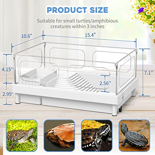 MoonOrange Small Turtle Tank, Turtle Aquarium, Acrylic Turtle Terrarium with Basking Platform, Bottom Drainage, Multi-Function Areas for Turtles, Crabs, Crayfish, Small Reptiles. (White Tank)