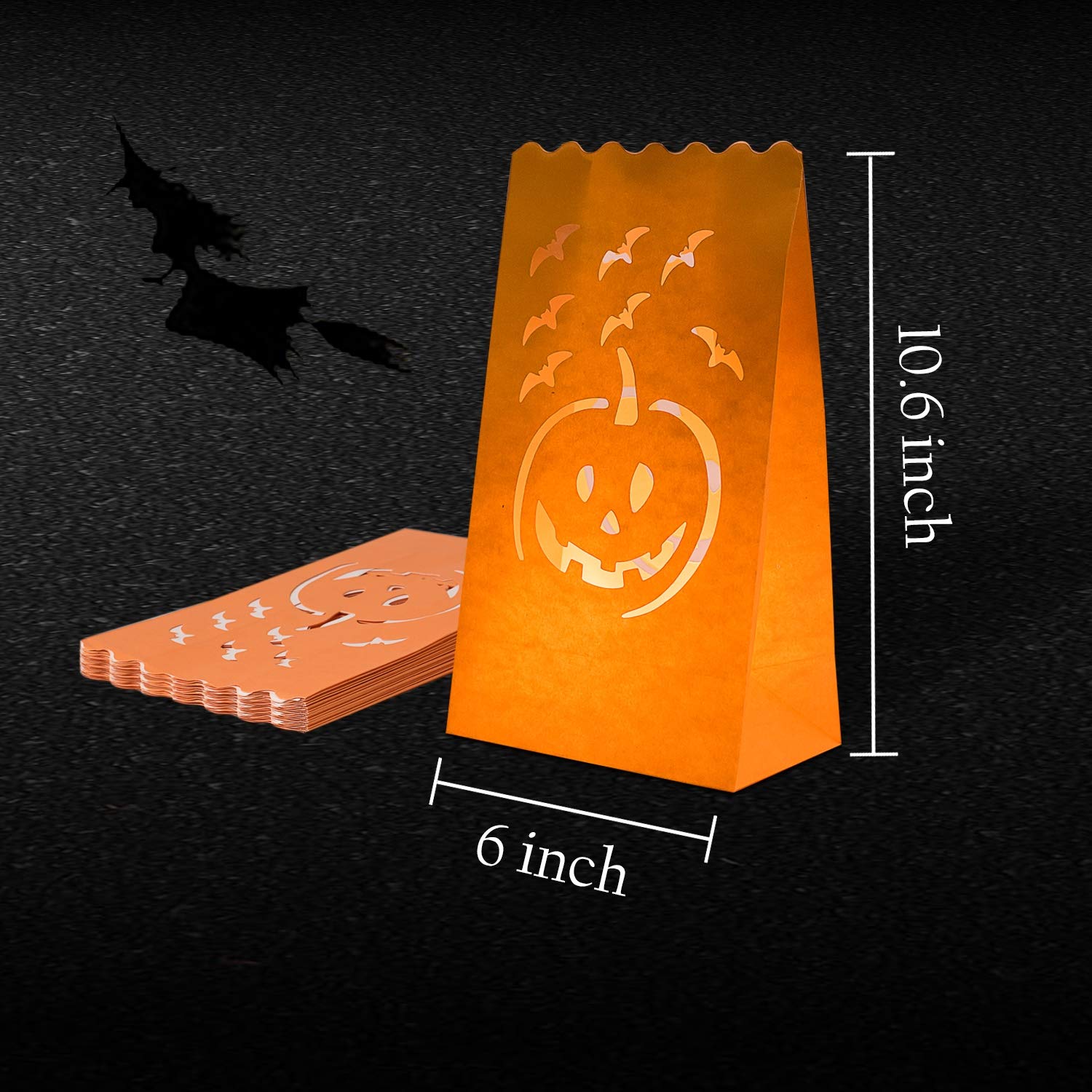 Homemory 24 Pack Halloween Luminary Bags, Flame Resistant Luminaries, Orange Tea Light Candle Bags for Halloween Decoration, Parties, Fall Festival