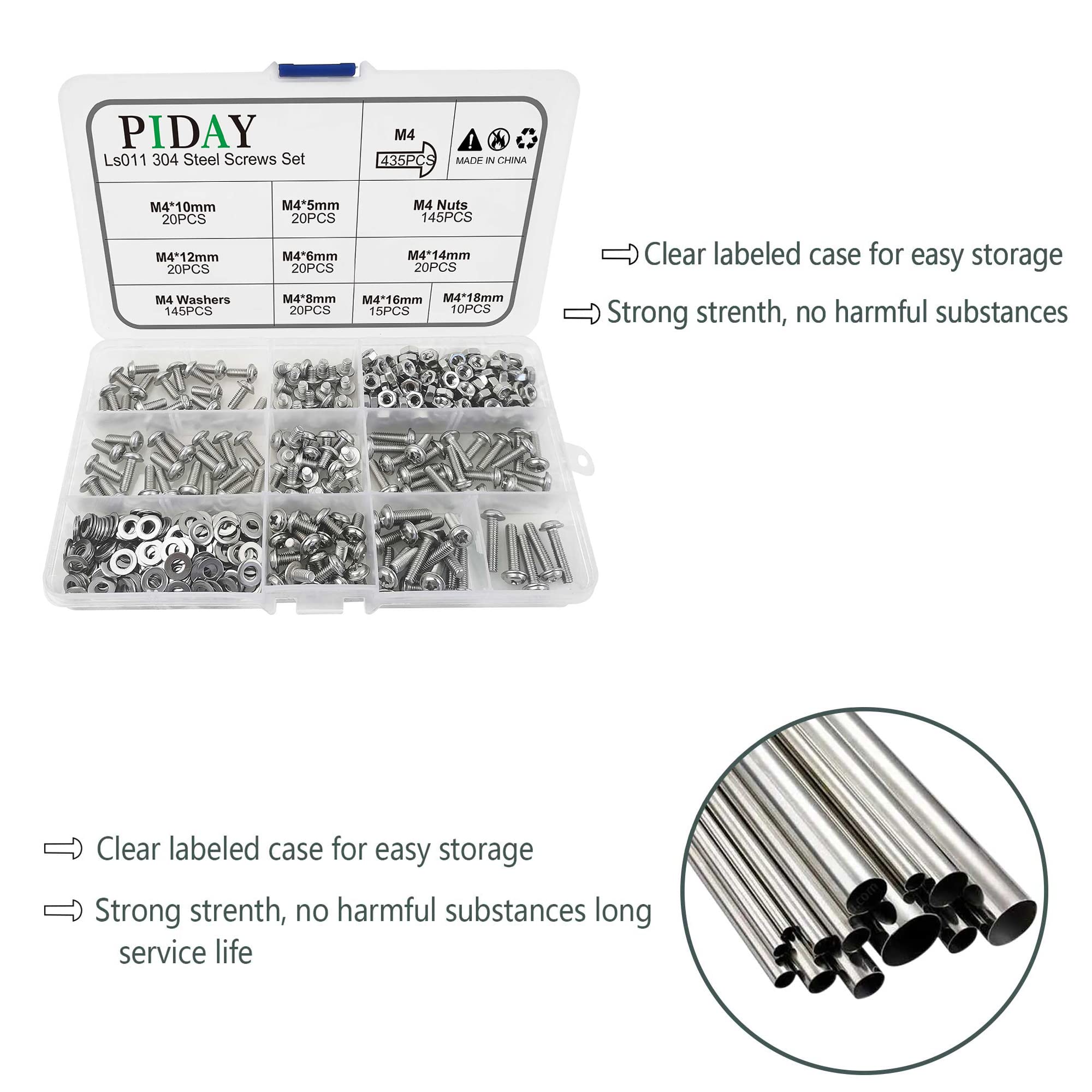 PIDAY 435PCS M4 Knob/Pull Machine Screws Phillips PMW Pan Head Screws Bolt 304 Carbon Steel Cabinet Door and Drawer Screws Set