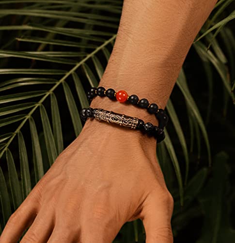 KARMA AND LUCK - Enduring Strength - Triple Protection Genuine Lava Stone 925 Sterling Silver - Black Gold Plated Bracelet for Men. Ready Gift for Him. Stretch: 7.5" stretch.