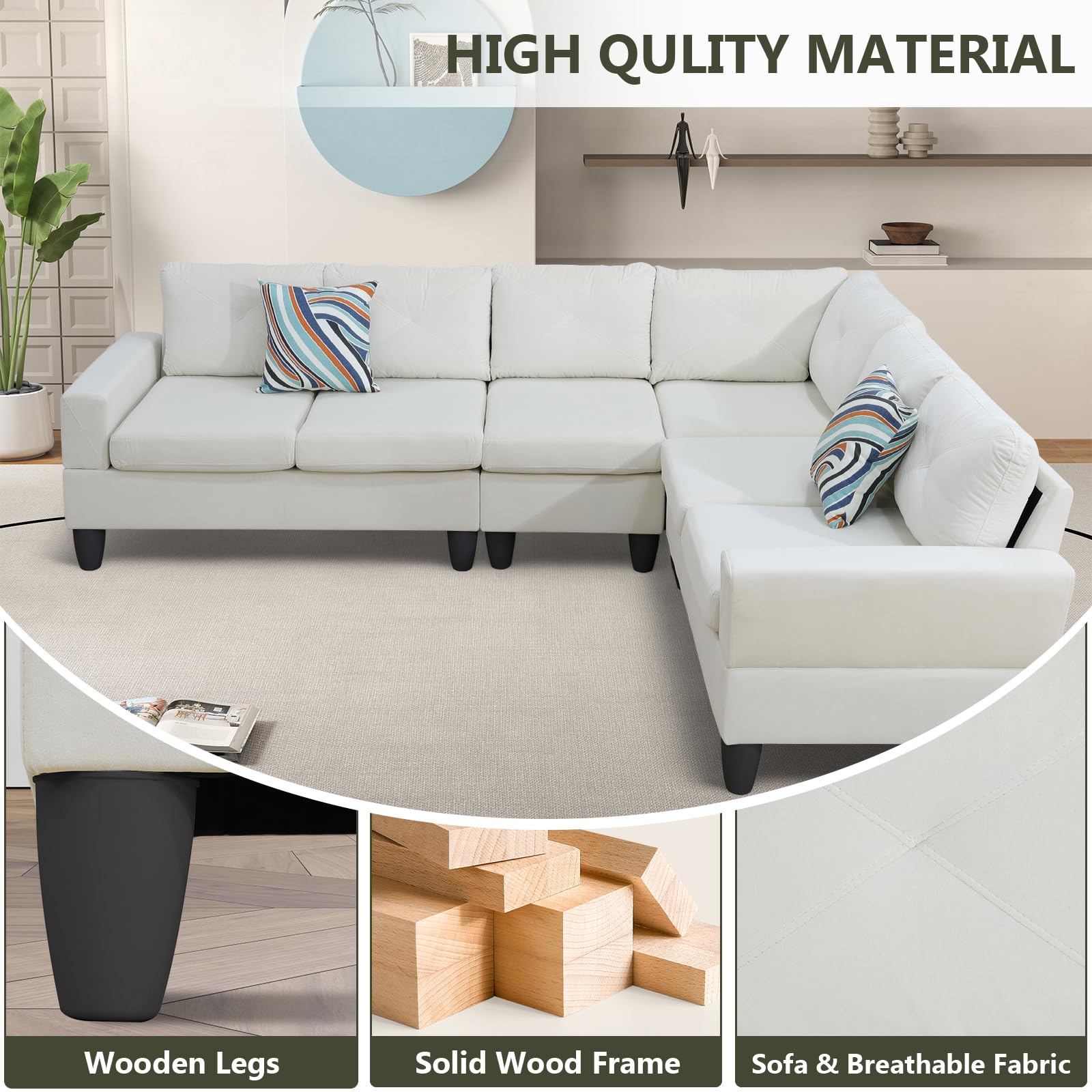 Rovibek Sofa Couches U L Shaped 6-Seater for Living Room, White