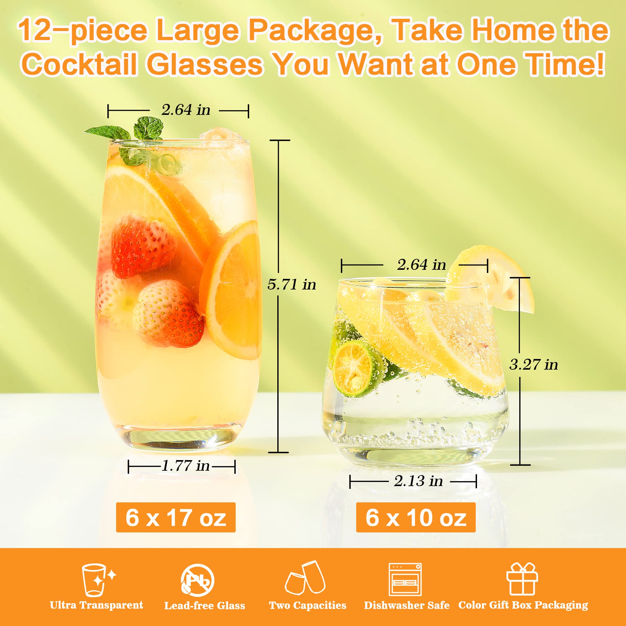 ISMASOAN Drinking Glasses Set of 12-6 Tall Glass Cups 17 oz and 6 Short Stemless Wine Glasses 10 oz,Glass Sets for Drinking,Glassware Sets,Drinkware Glasses Set,Mojito Glass, Gift Box Set