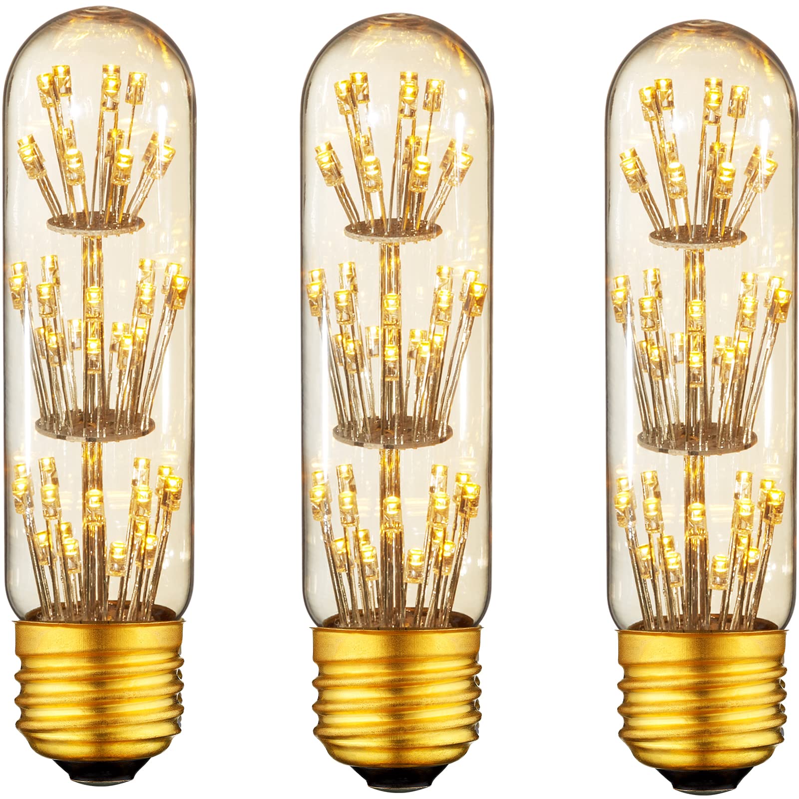 keymit T10 LED Bulb Amber, Decorative Light Bulbs, Firework LED Bulb, Fully Dimmable E26 Base Edison Bulb for Lamp, String Lights, 3W 300LM, Tubular Long Bulb, Amazing Star Glow 3Pack