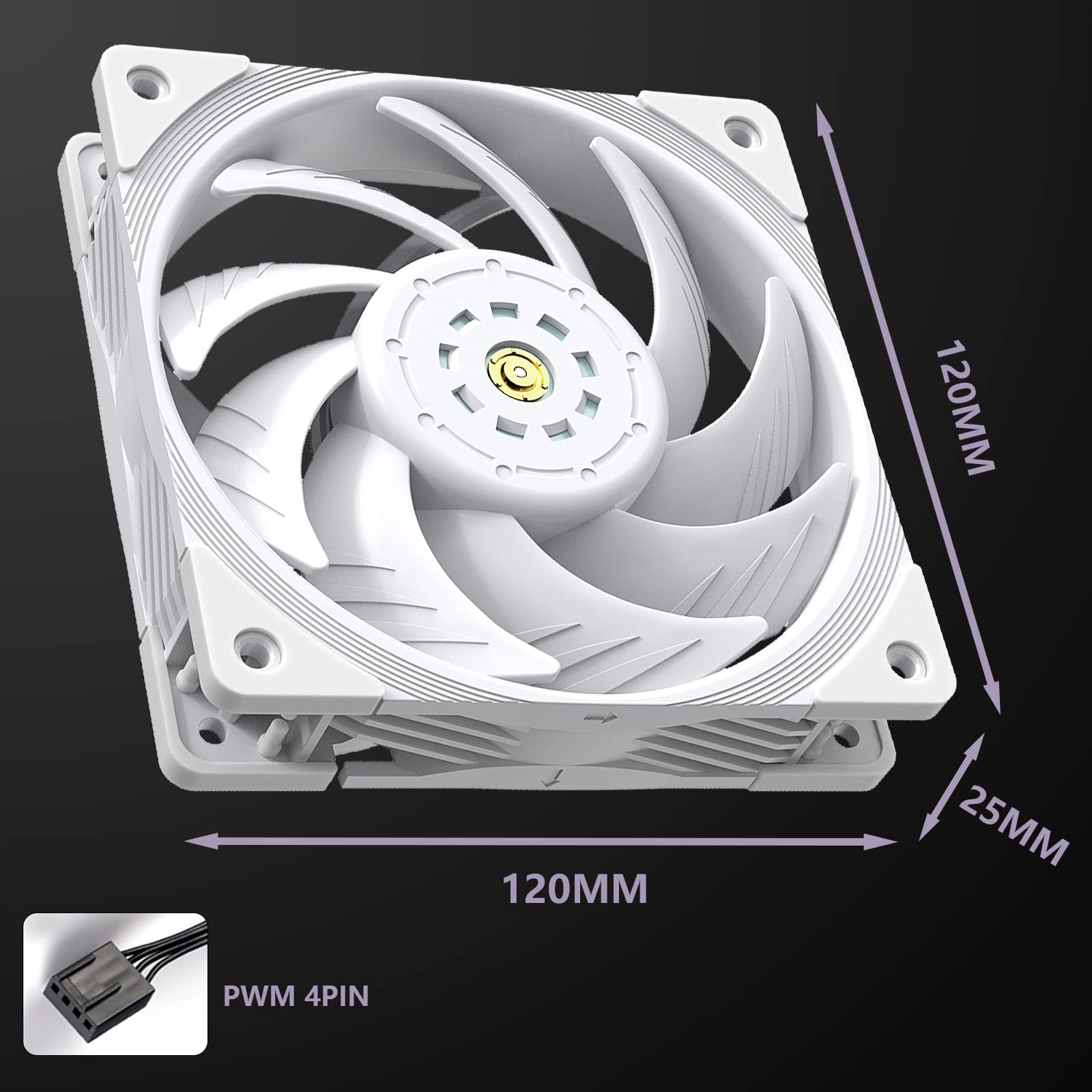 Oddtone 120mm PC Fan, High Airflow 2150RPM CPU Fan, Quiet 4pin PWM Computer Case Fan, Cooling Fan, 12.8dB Low-Noise, Anti-Vibration Silicone Pins, Single Pack - Whtie