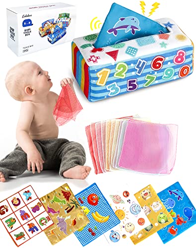 Lolakee Baby Tissue Box Magic Tissue Box Baby Toy Montesori Square Sensory Toys Pull Tissues Activities Gift with Soft Dance Scarves Juggling Scarfs for Toddler, Infants and Kids