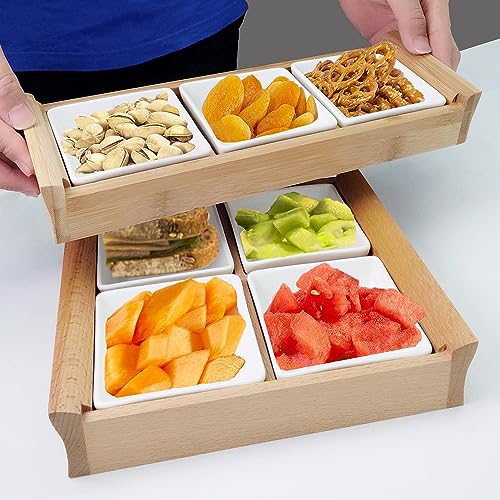 Jinsongdafa Wood Pallet Porcelain Divided Serving Dishes, Appetizer, Relish Tray, Serving Bowls for Parties - Perfect for Chips and Dip, Veggies, Candy and Snacks | Reusable (4 Cells Platters)