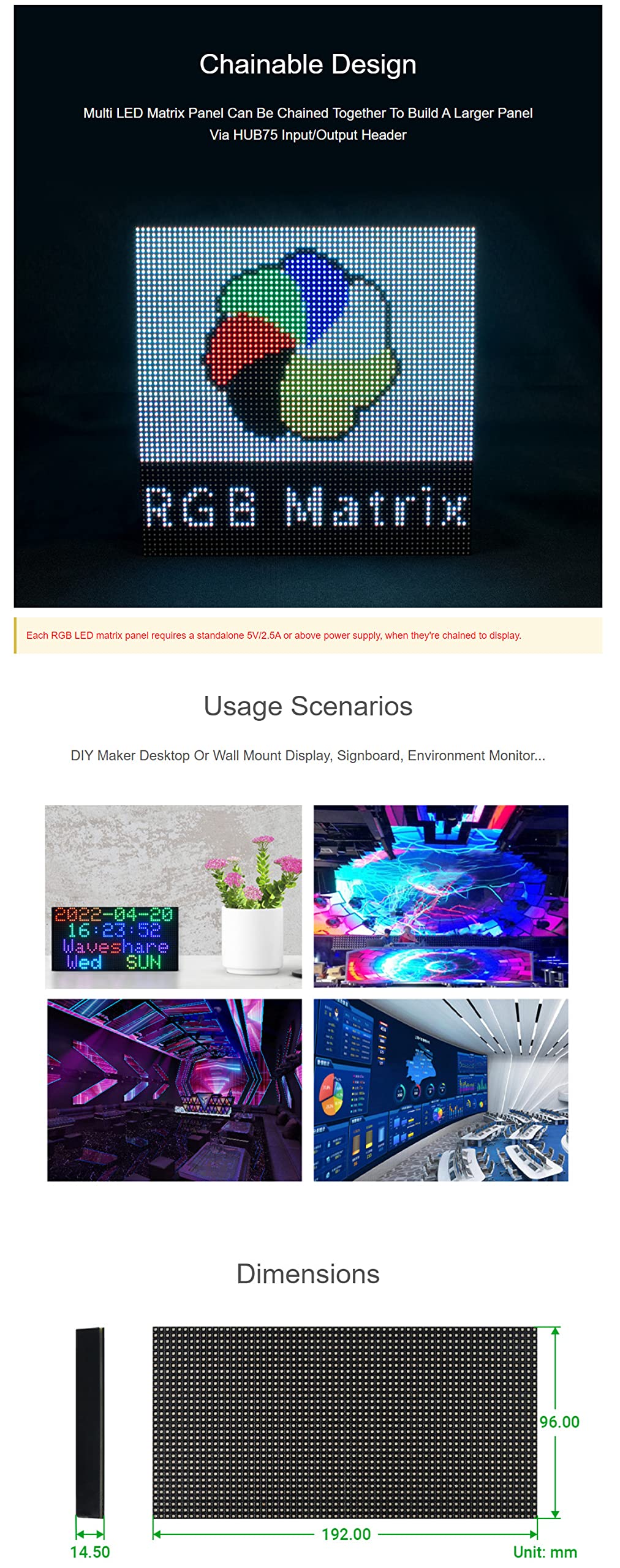 RGB Full-Color LED Matrix Panel Display for Raspberry Pi Pico ESP32 for Arduino 64×32 Pixels 3mm Pitch 2048 RGB LEDs Adjustable Brightness