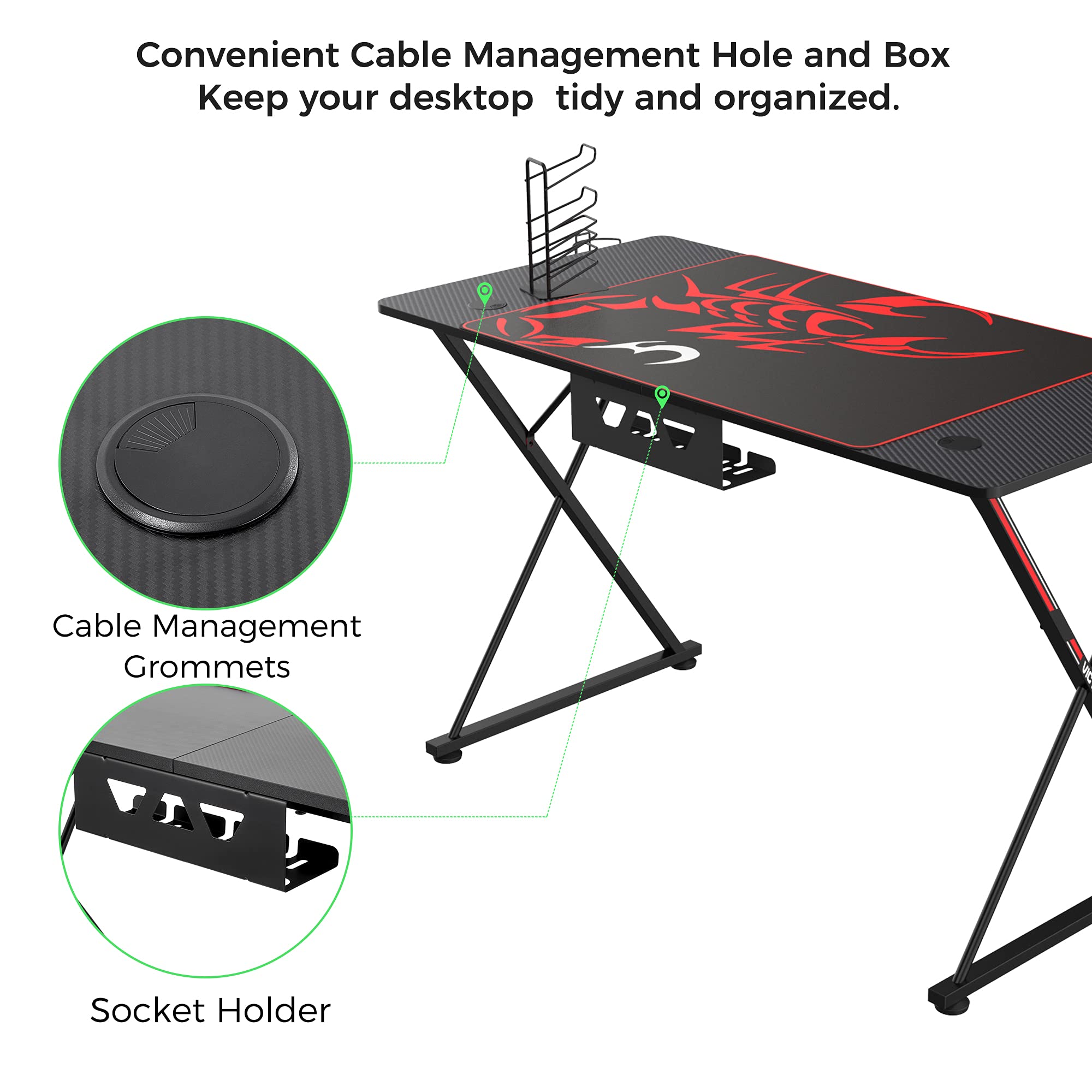 It's_Organized Gaming Desk 47 inch PC Computer Desk Home Office Student Desk X-Shaped with Mouse Pad Cup Holder Headphone Hook Handle Rack,Black