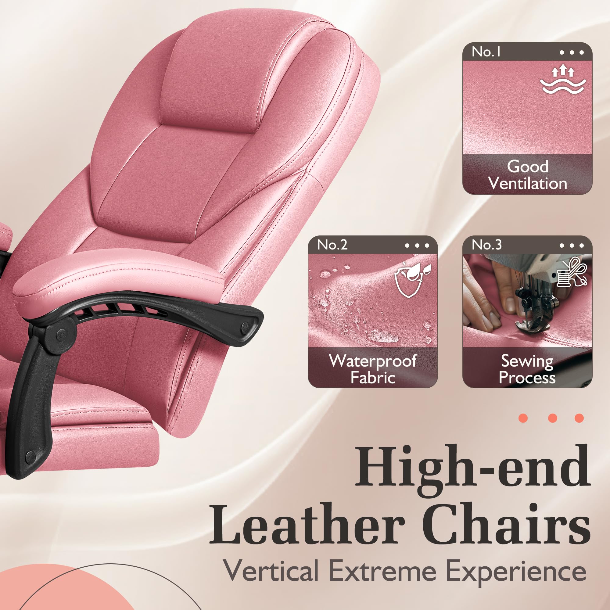 Shahoo Executive Office Chair with Massage, Ergonomic Reclining High Back Leather Seats with Footrest and Lumbar Support, Big and Tall, 500Lbs Heavy Duty, Pink