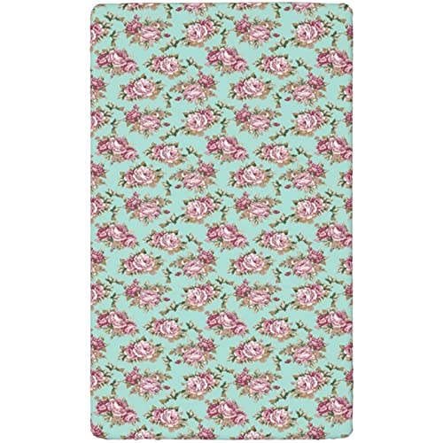 Peony Themed Fitted Mini Crib Sheets,Portable Mini Crib Sheets Toddler Bed Mattress Sheets-Great for Boy or Girl Room or Nursery,24“ x38“,Pale Seafoam Dried Rose Warm Taupe