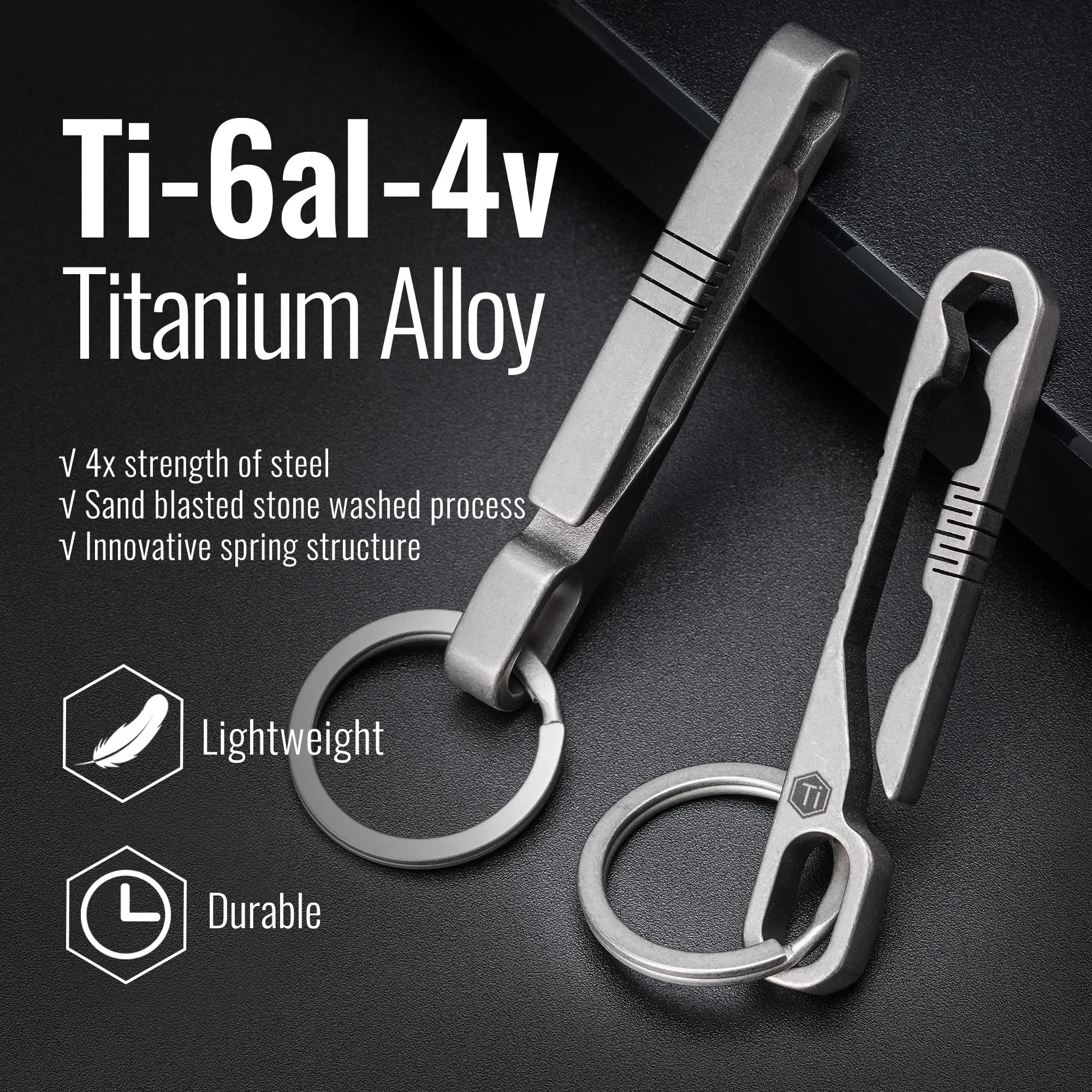 KeyUnity KM07 Titanium Keychain Pocket Clip, 2-in-1 Key Ring Holder for Belt with Hex Bit Driver, Portable Hanging Buckle for Men & Women Everyday Carry (Sandblasted)
