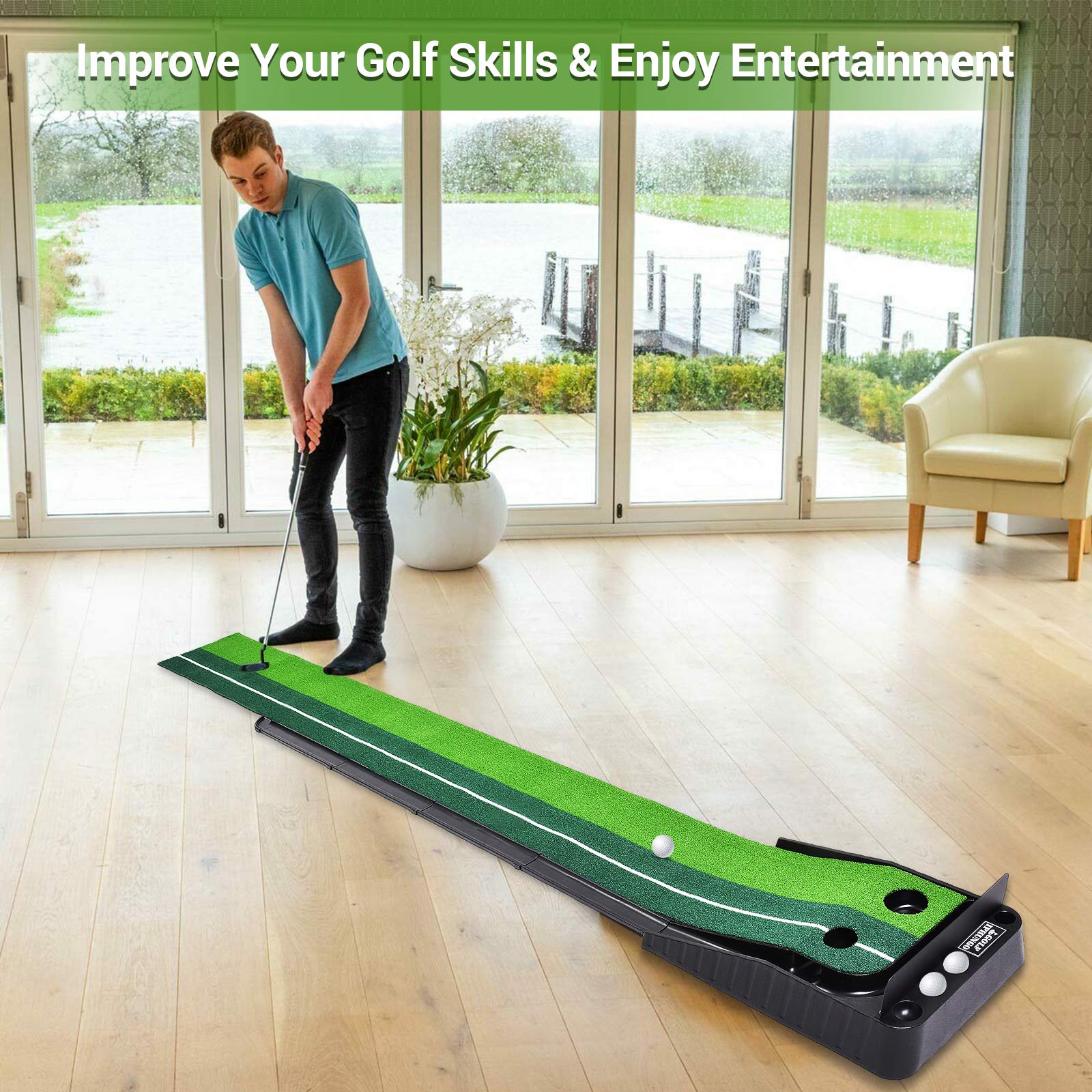 IPHUNGO Indoor Golf Putting Green - Extra Long 9.84Ft Mat with Auto Ball Return Function 2 Holes and 3 Golf Balls 1 Sponge Ball Mini Golf Practice Training Aid, Office,Game,Home, Office, Outdoor Use