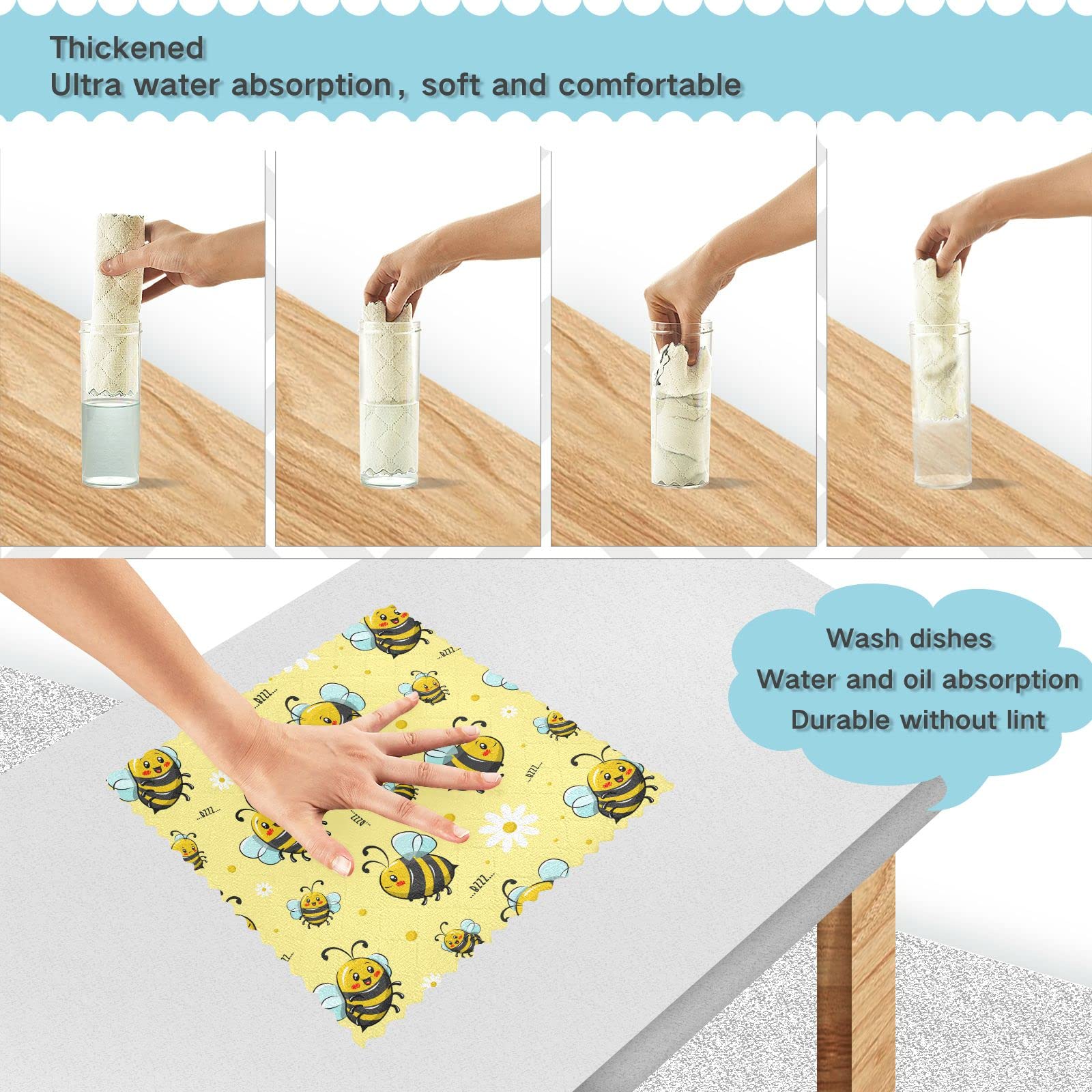 JIPONI 6 Pack Kitchen Dishcloth, Cute Honey Bee Cartoon Absorbent Dish Towels Reusable Soft Cleaning Cloths 11 x 11 inch