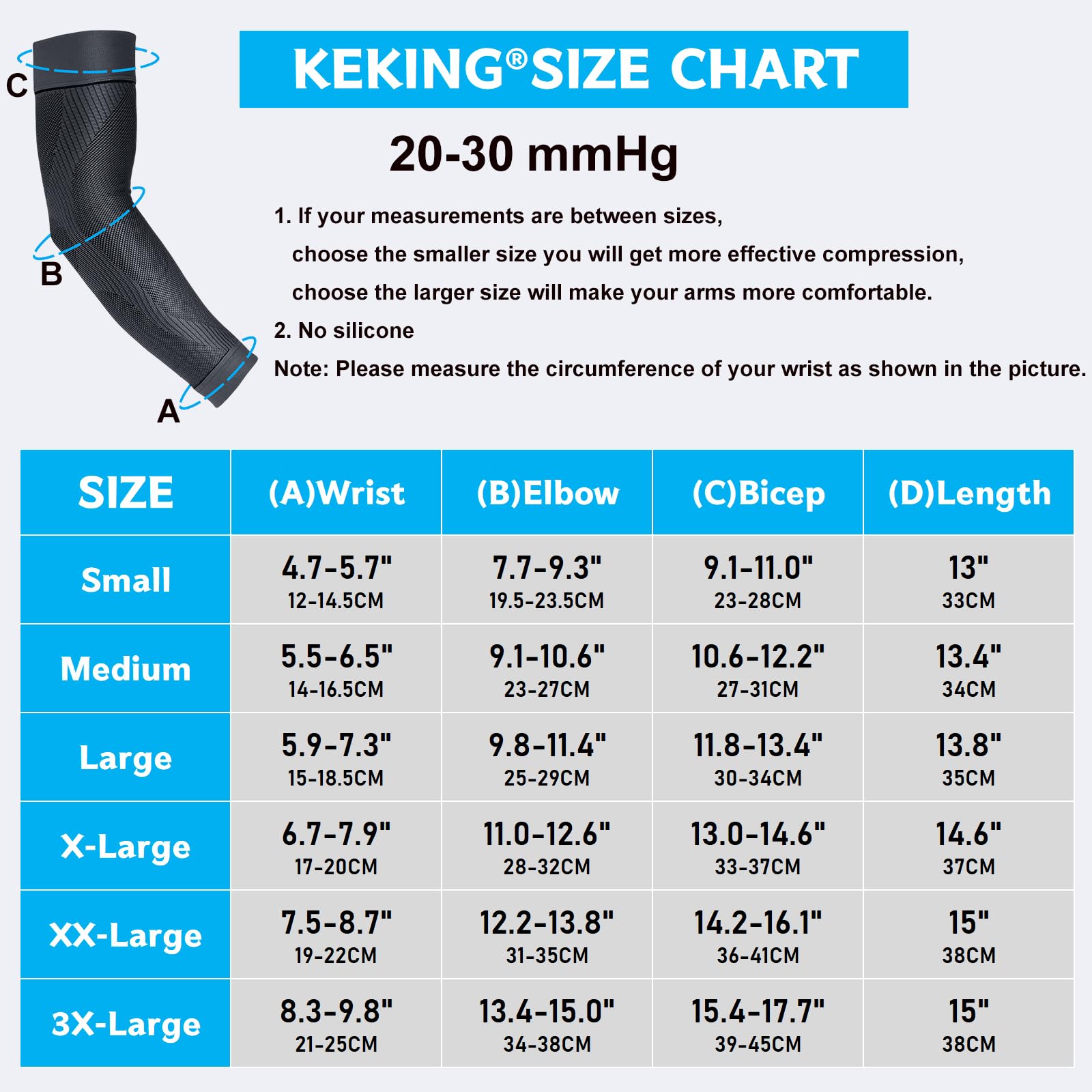 KEKING® Compression Arm Sleeves, Pair, Firm 20-30mmHg Graduated Compression Full Arm Support for Recovery, Pain Relief, Tendonitis, Golfers & Tennis Elbow Brace, Workouts Sports - Latex Free Grey XL