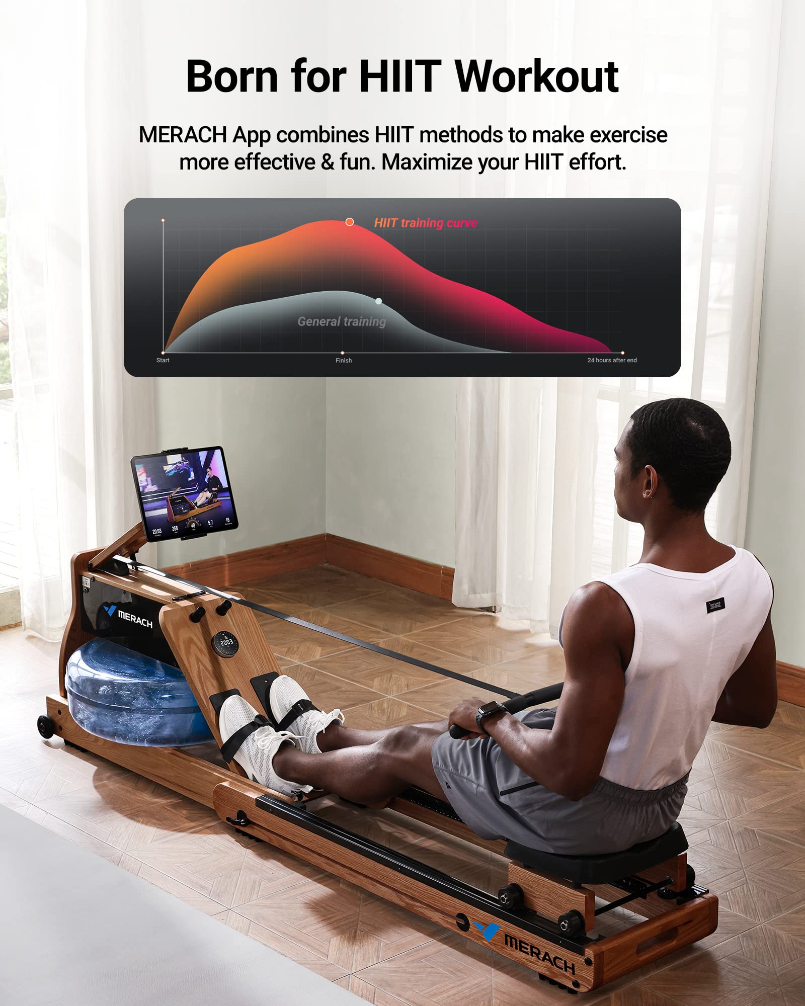 MERACH Water Electromagnetic Rowing Machine Included Exclusive App Lifetime Membership, Foldable Oak Wood Rower with MERACH Go Technology, Rowing Machine for Home Use, Patented Space Saver, 950