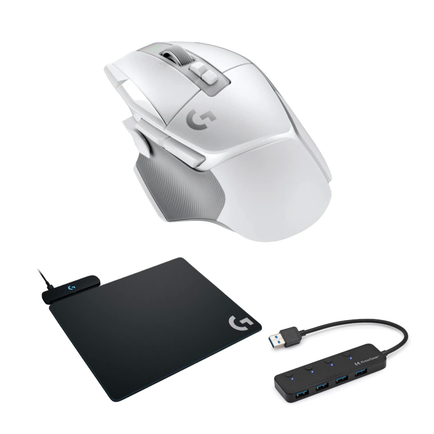 Logitech G502 X Lightspeed Wireless Gaming Mouse (White) Bundle with PowerPlay Wireless Charging System and 4-Port USB 3.0 Hub (3 Items)