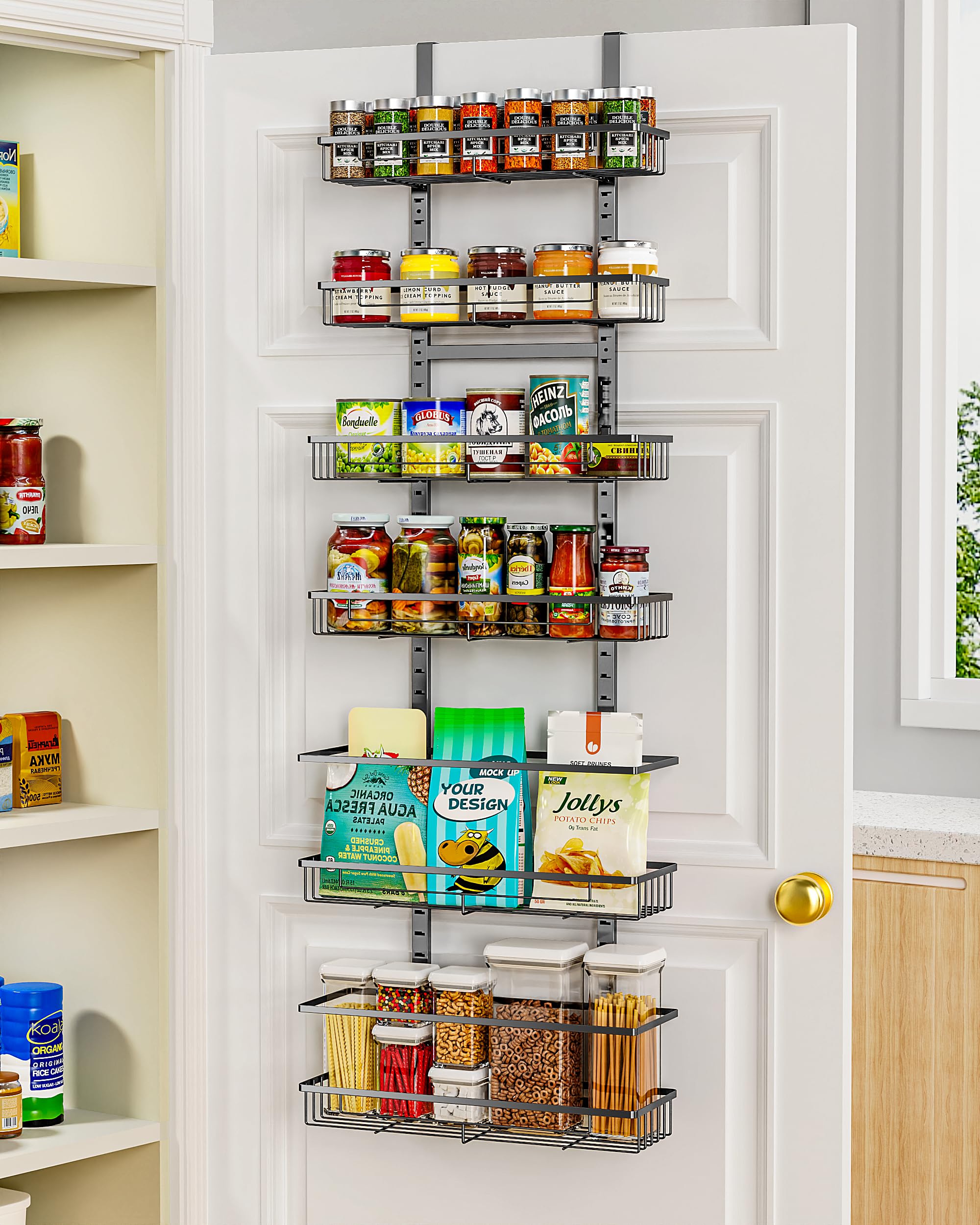 Moforoco 6-Tier Over the Door Pantry Organizer, Kitchen Gadgets Pantry Organization and Storage, Black Hanging Basket Cabinet Door Spice Seasoning Rack Shelves, Home Laundry Bathroom Essentials