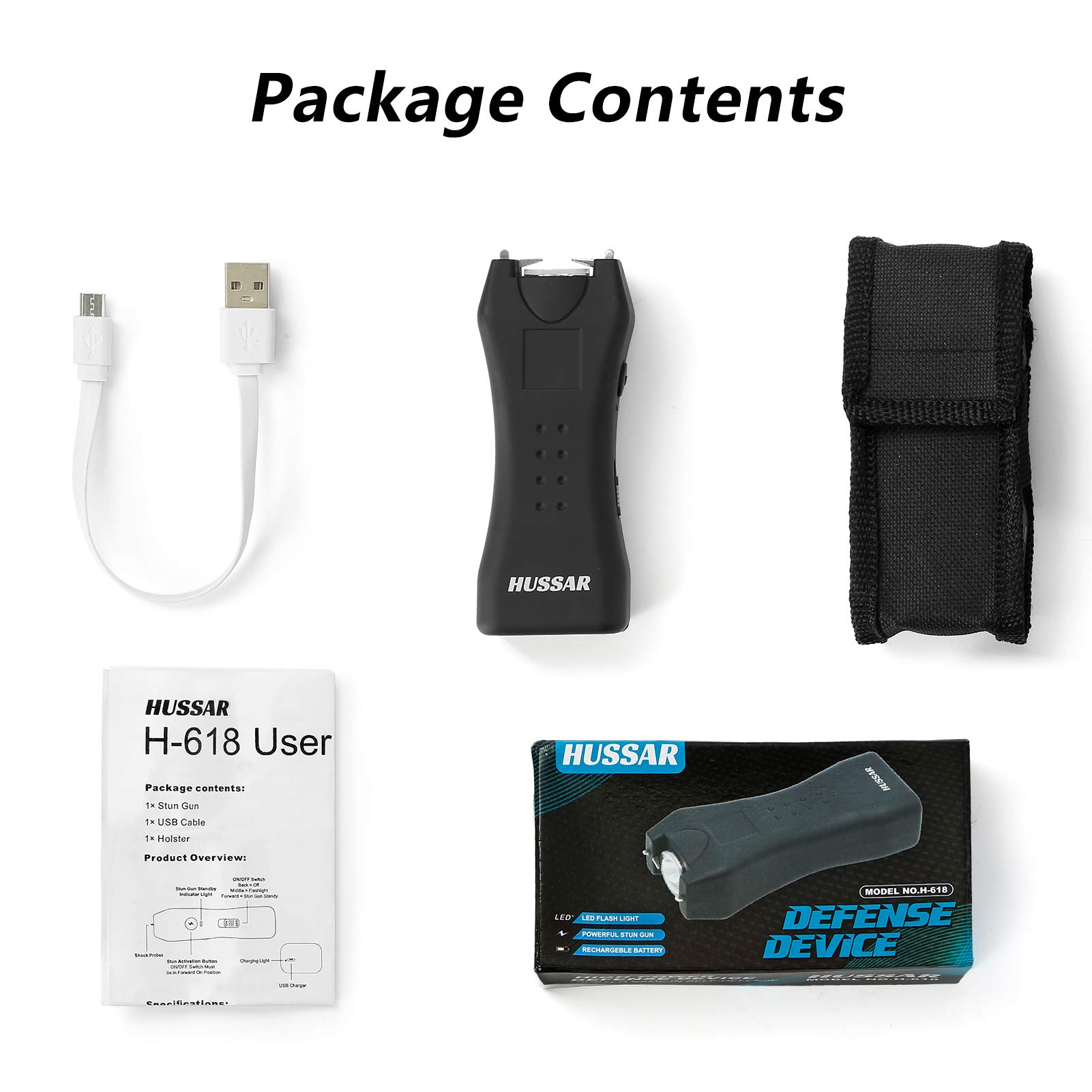 Hussar 618 Stun Gun for Self-Defense, Rechargeable with LED Flashlight, Powerful 1.60 µC Charge with Safety Switch, and Belt Holster