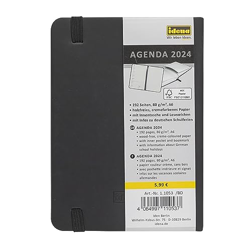 Idena 11053 – Diary 2024, DIN A6, Black, 192 Pages, 1 Week on 1 Page, Weekly Planner