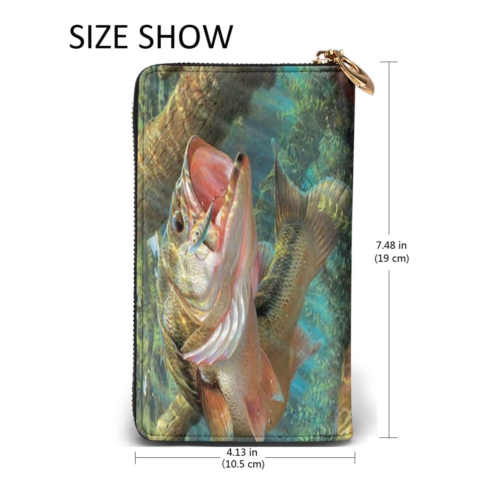 Long Handbag Purse Wristlet Bag Card Holder Wallet-Bass Fish Jumping Hook Leather Wallet for Women Men